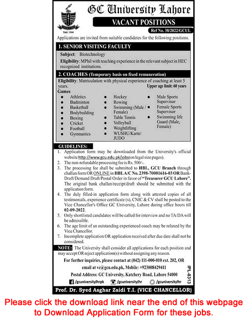 Gc University Lahore Jobs August 2022 Application Form Gcu Coaches